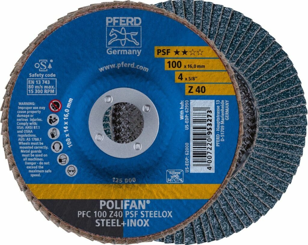 PFERD POLIFAN GP FLAP DISC PFC 100-Z P40 PSF ZIRCONIA (STEEL/INOX) BOX 10 - Paccoat